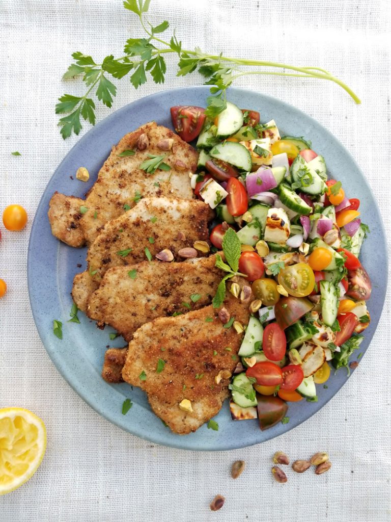 Pork Schnitzel with Israeli Salad and Halloumi
