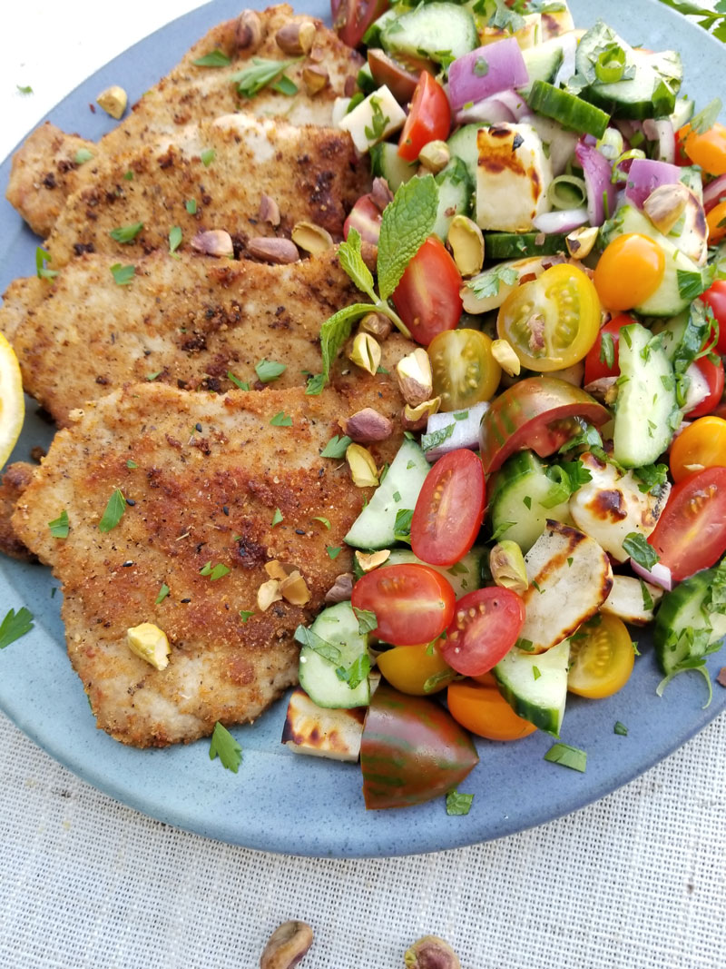 Pork Schnitzel with Israeli Salad and Halloumi